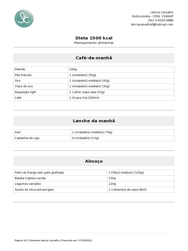 Dieta 1500 Kcal | PDF | Culinária | Preparação de alimentos e bebidas