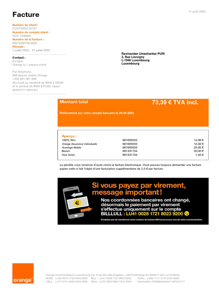 Facture Orange Luxembourg - Juillet 2022 | PDF | Technologies de l ...