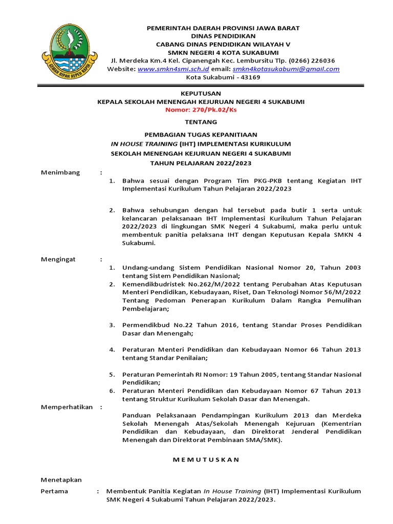 SK TIM Panitia IHT Implementasi Kurikulum PDF | PDF