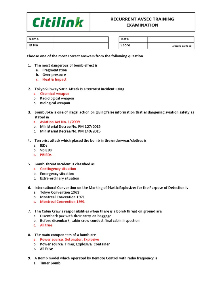 Examination For Recu AVSEC Training. | PDF | Bomb | Improvised ...