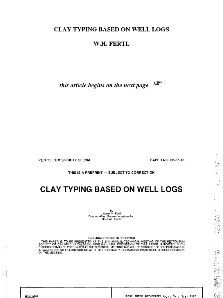 Clay Typing Based On Well Logs W.H. Fertl: This Article Begins On The ...