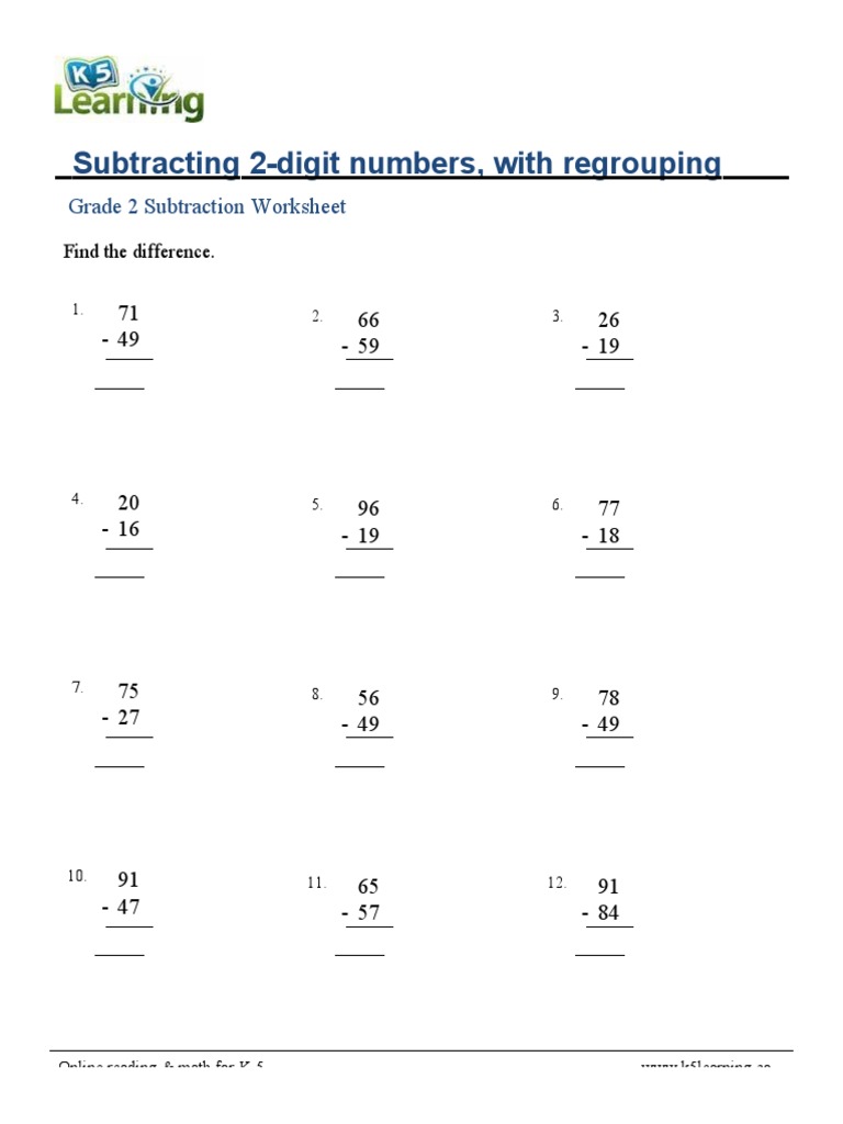 Subtracting 2-Digit Numbers, With Regrouping: Grade 2 Subtraction ...