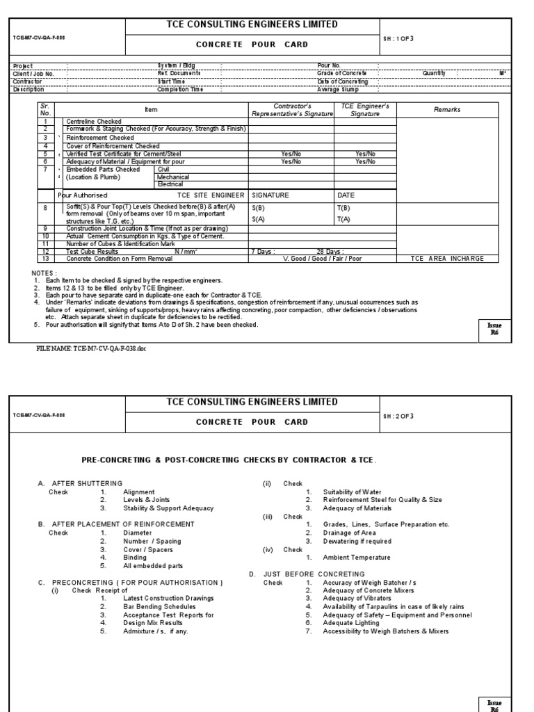 CV - Qa.f-038, Concrete Pour Card | PDF | Concrete | Structural Engineering