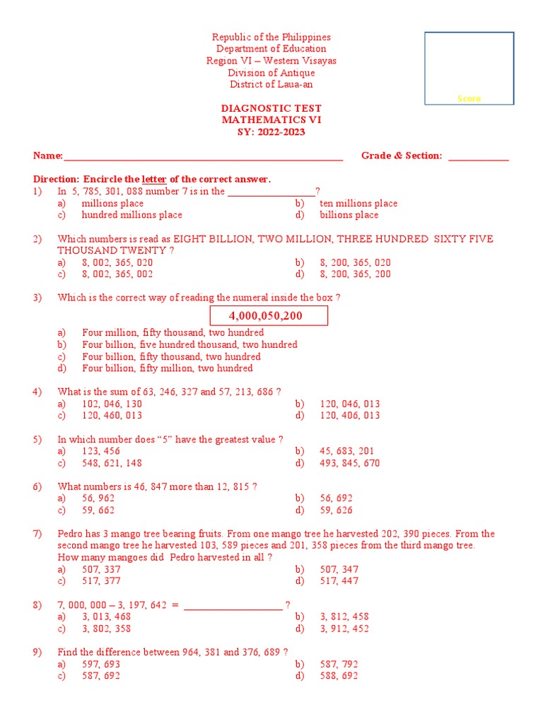 Diagnostic Test Mathematics Vi SY: 2022-2023 Name: - Grade & Section ...