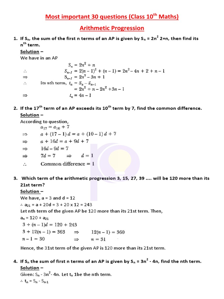 Most Important 30 Questions (Class 10 Maths) Arithmetic Progression | PDF | Numbers | Advanced ...