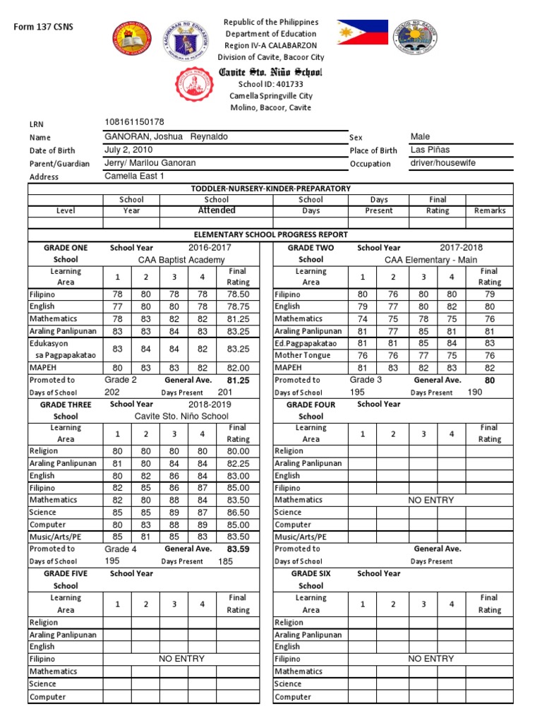 Cavite Sto. Niño School: Form 137 CSNS | PDF