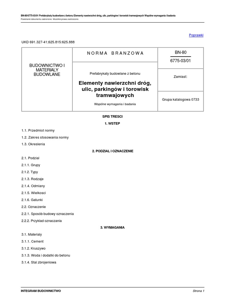 BN 6775-03-01 1980.Prefabrykaty budowlane z betonu. Elementy nawierzchni dróg ulic parkingów i ...