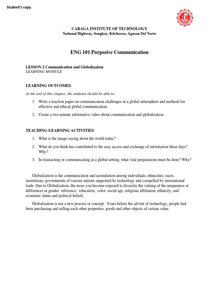 ENG 101 Purposive Communication: Learning Module | PDF | Communication | Globalization
