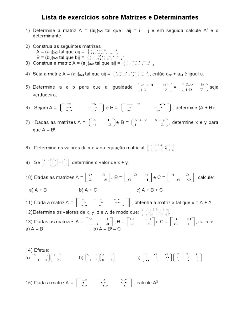 Exercícios de Matrizes e Determinantes | PDF