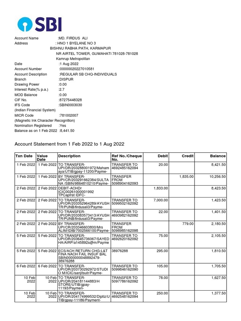 Account Statement From 1 Feb 2022 To 1 Aug 2022: TXN Date Value Date Description Ref No./Cheque ...