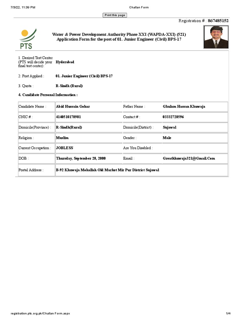Water & Power Development Authority Phase XXI (WAPDA-XXI) (521) Application Form For The Post of ...