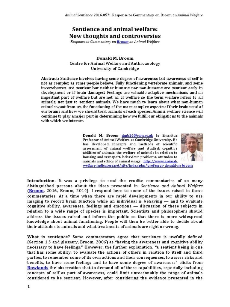 BROOM. Sentience and Animal Welfare | PDF | Animal Welfare | Awareness