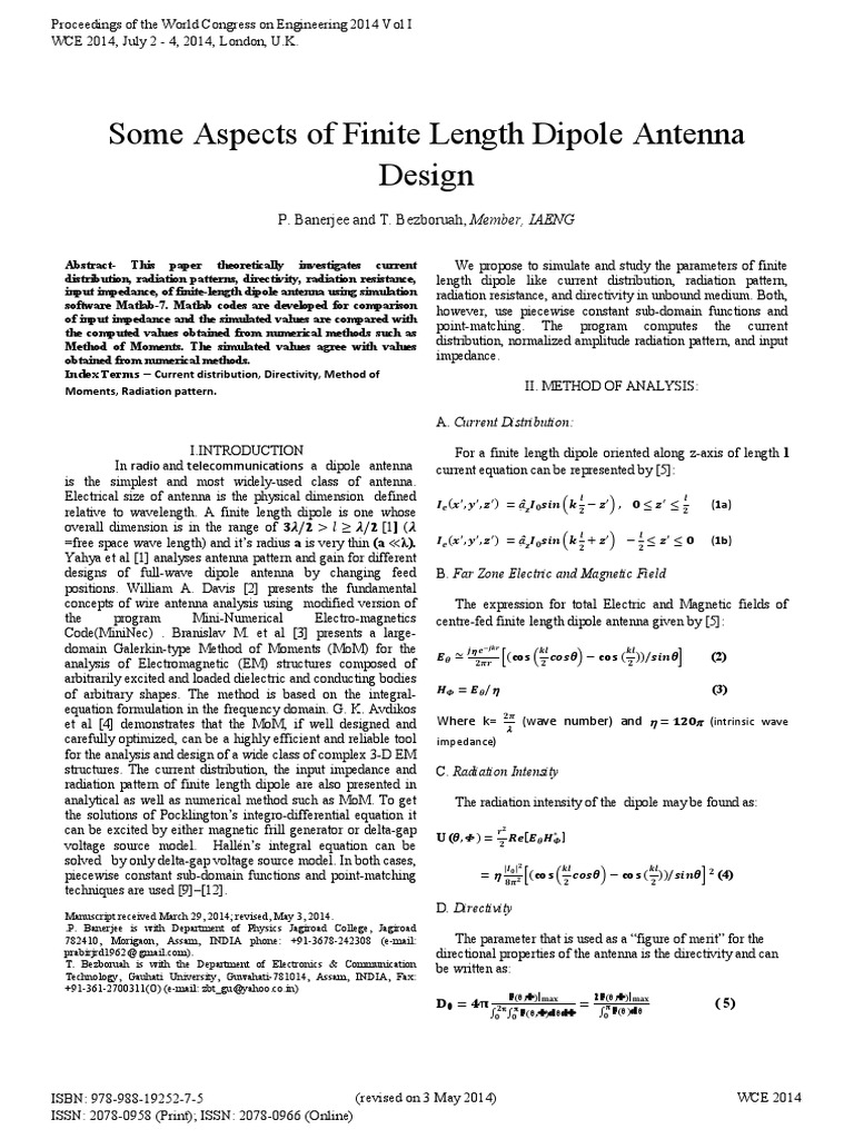Some Aspects Of Finite Length Dipole Antenna Wce2014 Pp307 312 Pdf Antenna Radio 