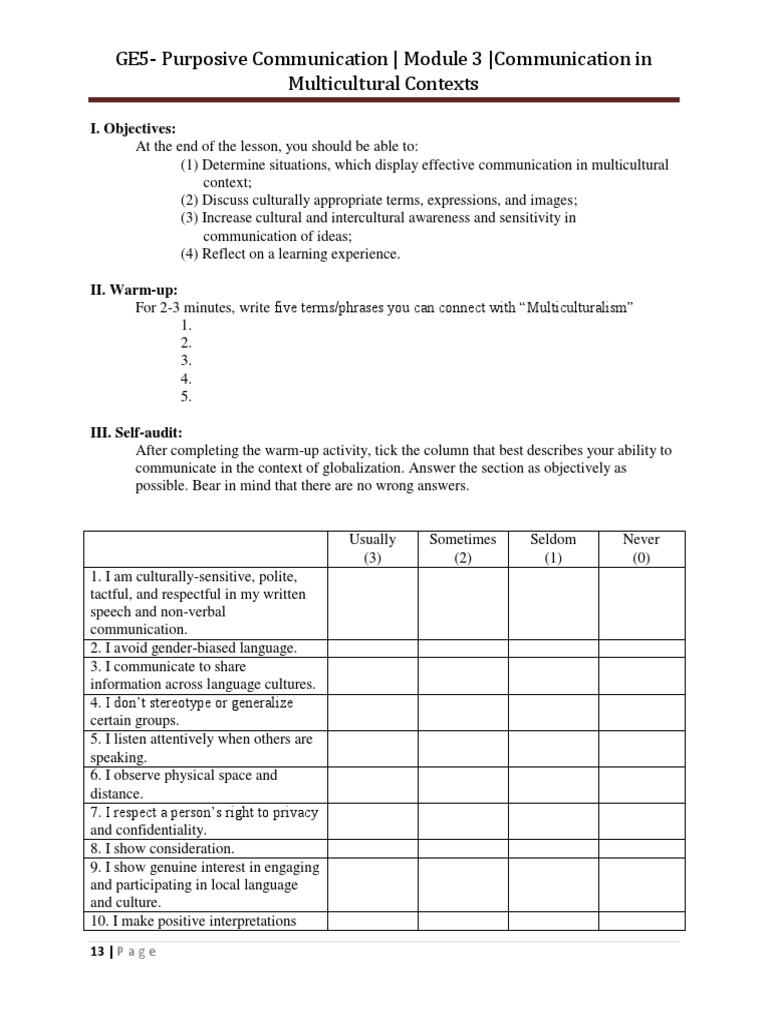 GE5-Purposive Communication - Module 3 - Communication in Multicultural Contexts | PDF ...
