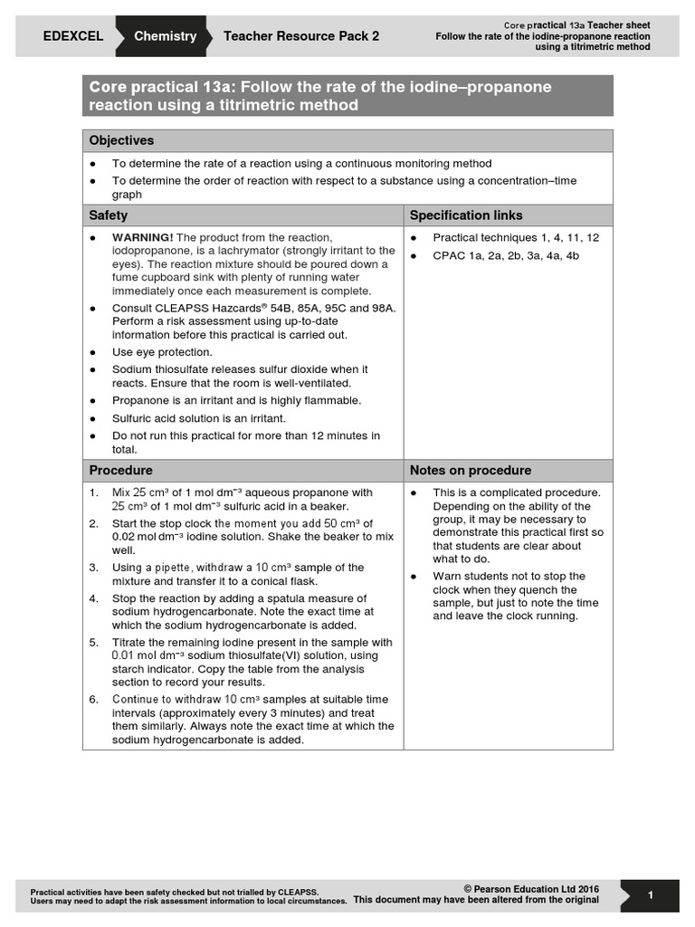 A Level Chemistry Core Practical 13a Iodine-Propanone Reaction | PDF | Chemistry | Titration
