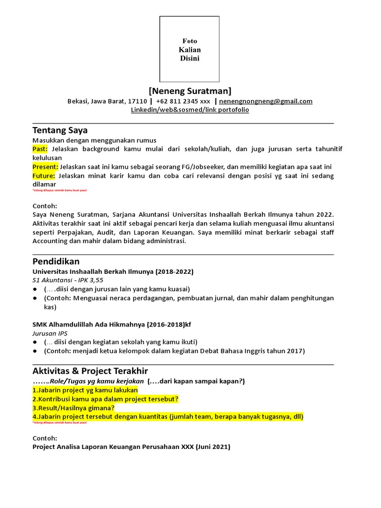 Contoh CV Non Pengalaman Bismillah Fix Gapake Revisi | PDF