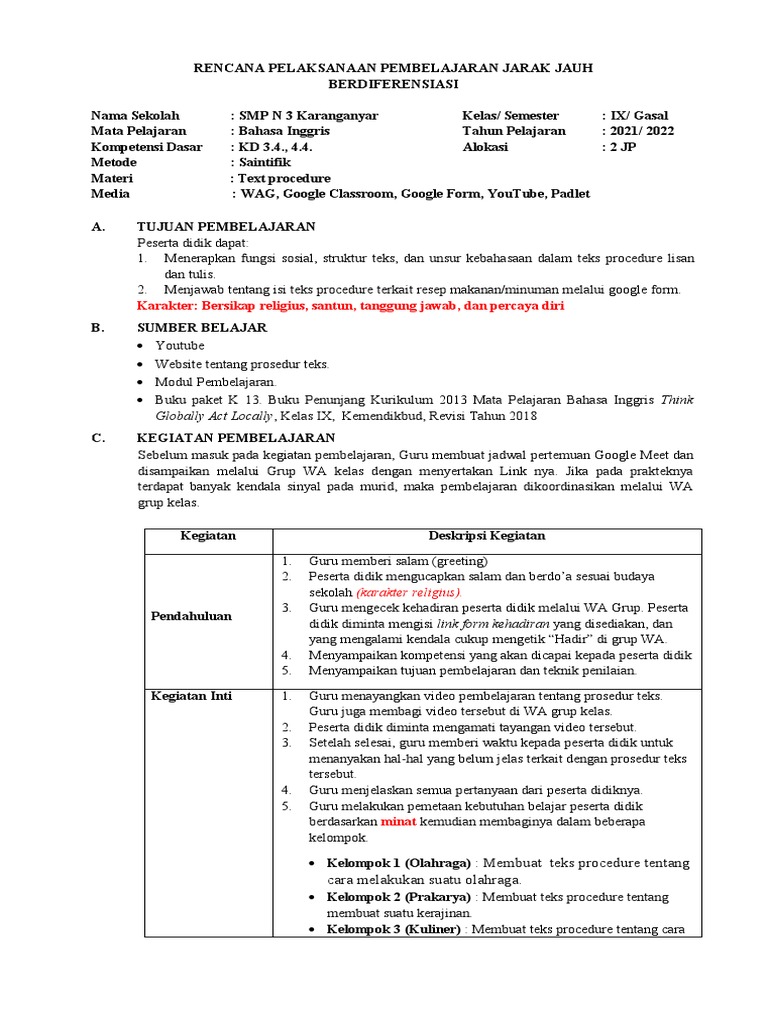 RPP Berdiferensiasi - Bhs Inggris SMP Kelas 9 Semester 1 (Procedure) | PDF | Karier ...