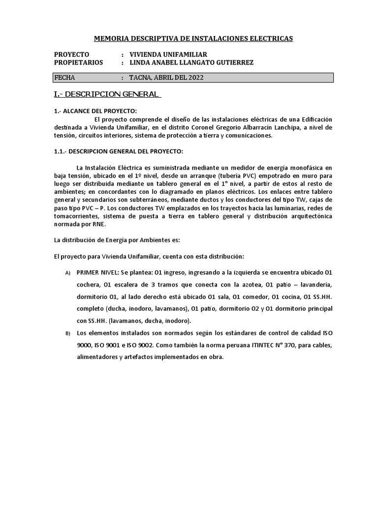 Memoria Descriptiva Electrica | PDF | Corriente eléctrica | Enchufes y tomas de corriente alterna
