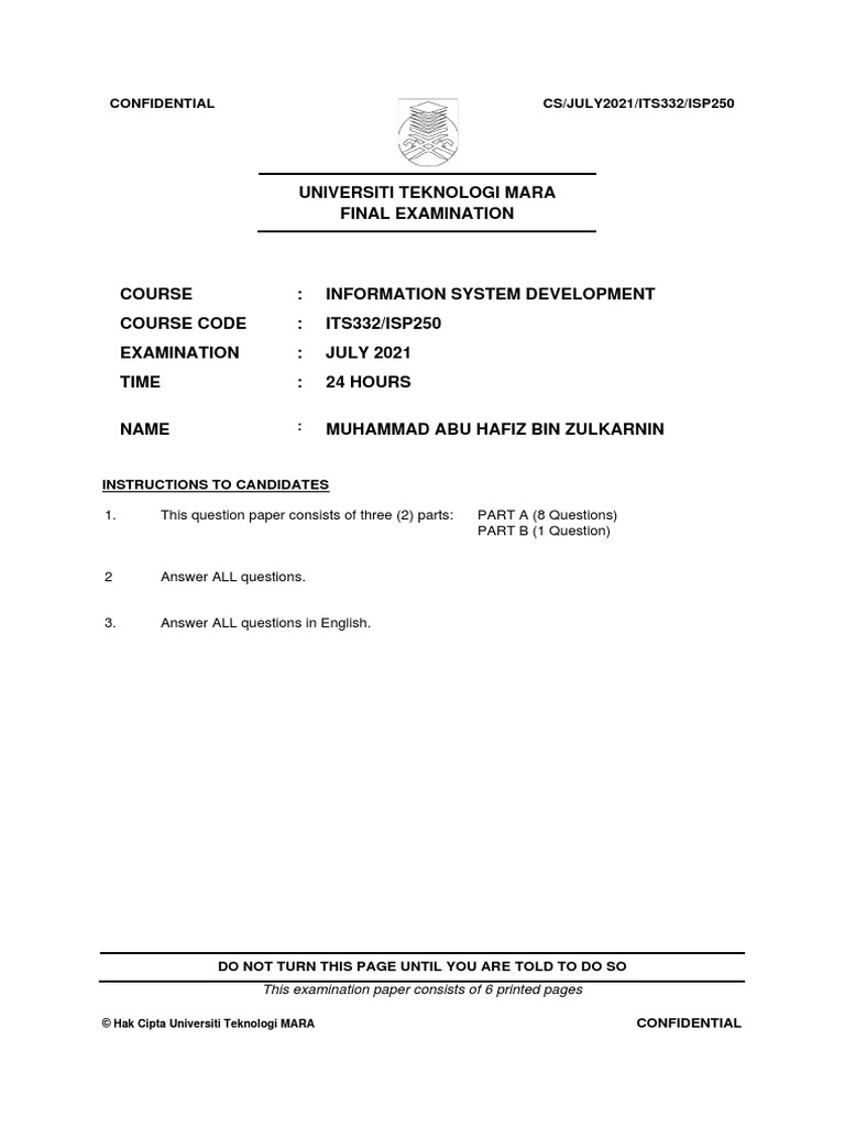 Universiti Teknologi Mara Final Examination: Confidential 1 CS/JULY2021/ITS332/ISP250 | PDF ...