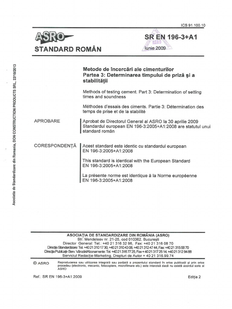 SR en 196-3+A1.2009 Metode de Incercare Ale Cimenturilor. Partea 3. Determinarea Timpului de ...