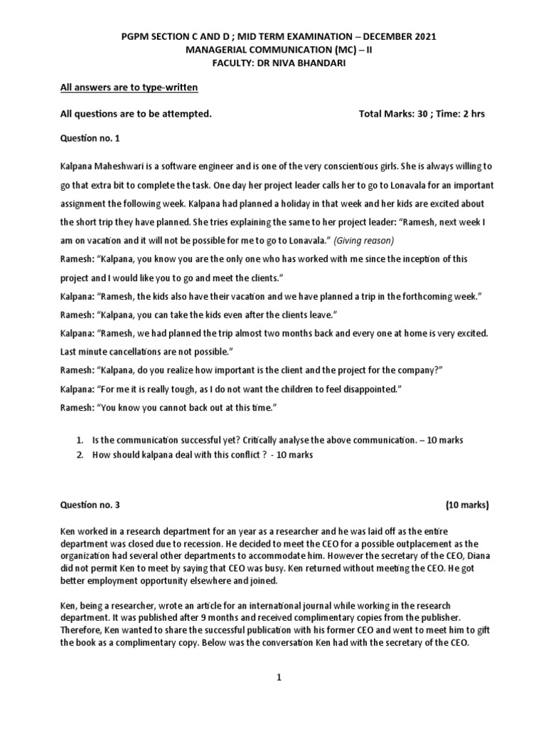 MC-II Sec C and D PGDM MT QP | PDF