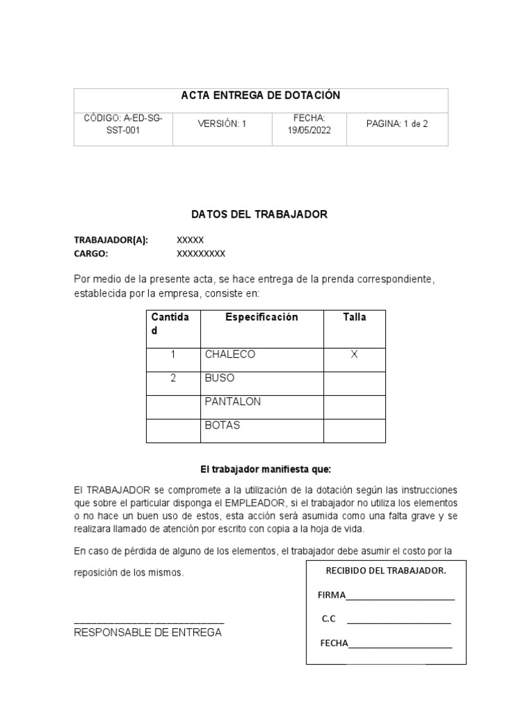 Acta Entrega de Dotación | PDF