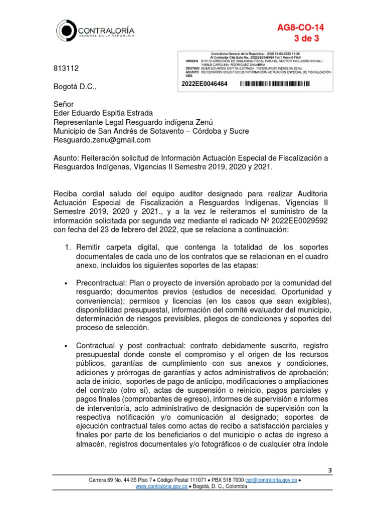 AG8-CO-14 Reiteracion de Solicitud de Informacion | PDF | Colombia ...