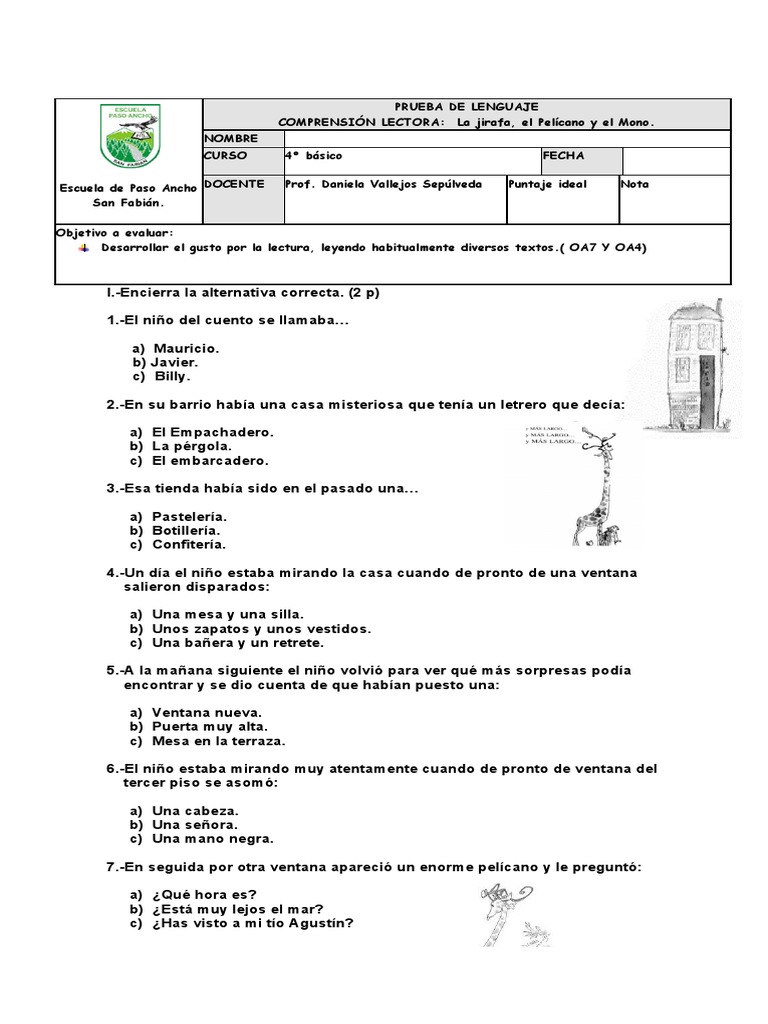 Prueba La Jirafa El Pelicano y El Mono | PDF