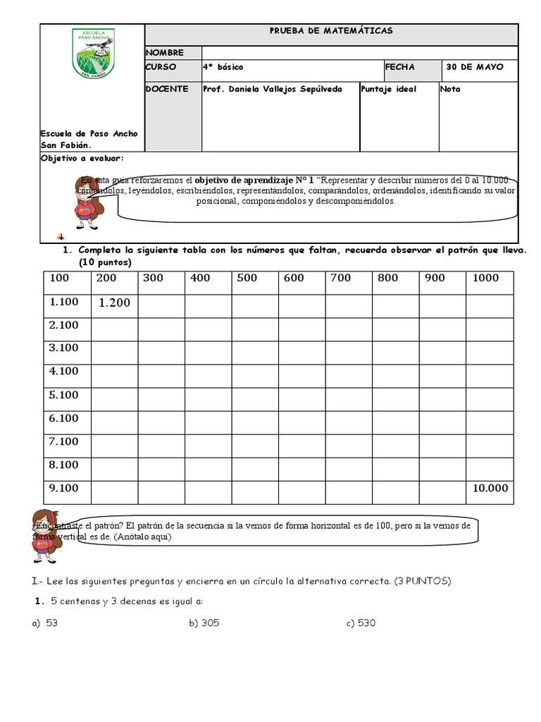 Prueba Matematicas N° Hasta El 10000 | PDF | División (Matemáticas ...