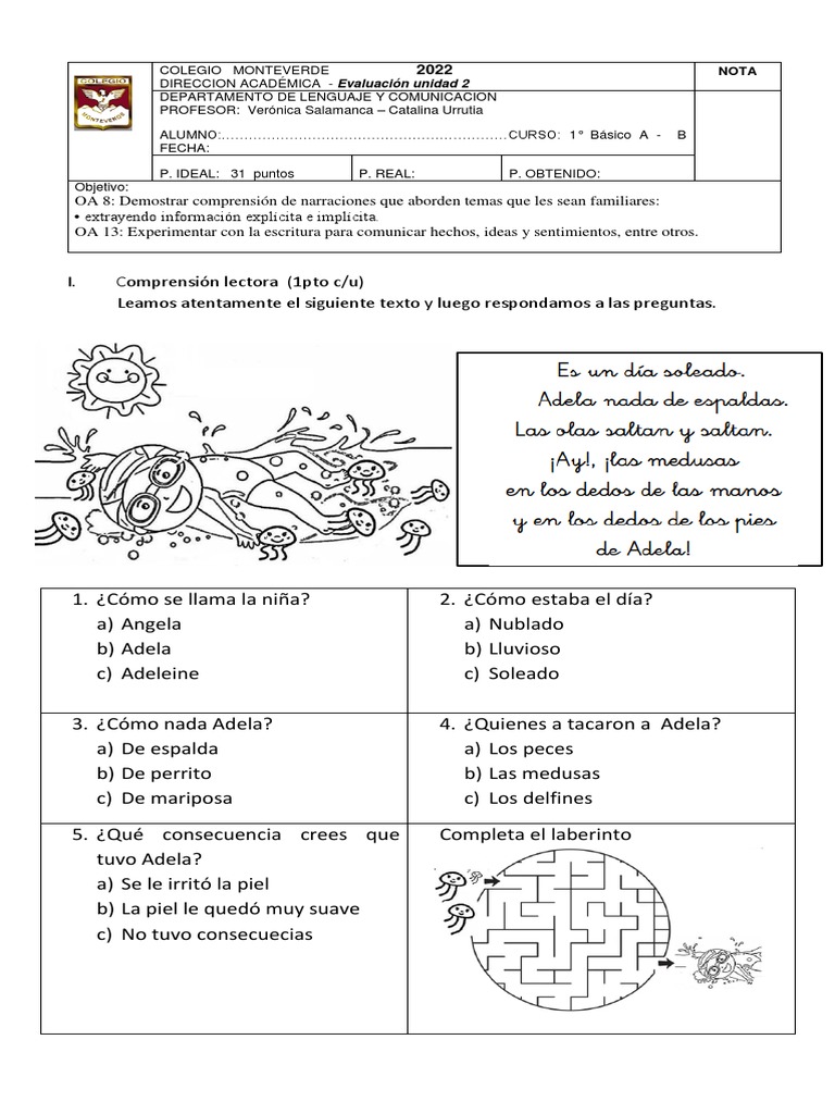Evaluación de Lenguaje 1° Básico | PDF