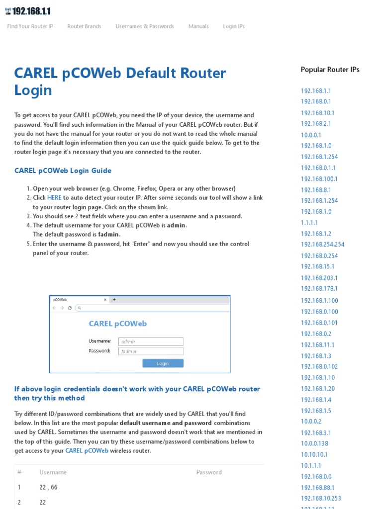 CAREL pCOWeb - Default Login IP, Default Username & Password | PDF | Router (Computing) | Login