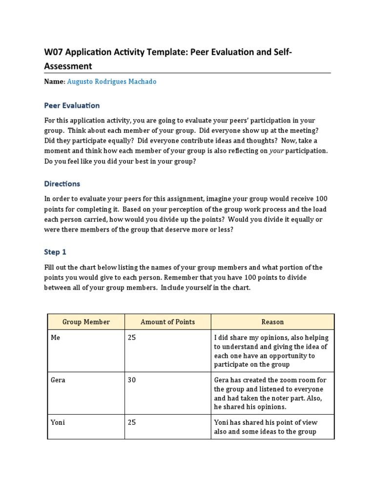 W07 Application Activity Template: Peer Evaluation and Self-Assessment | PDF | Learning ...