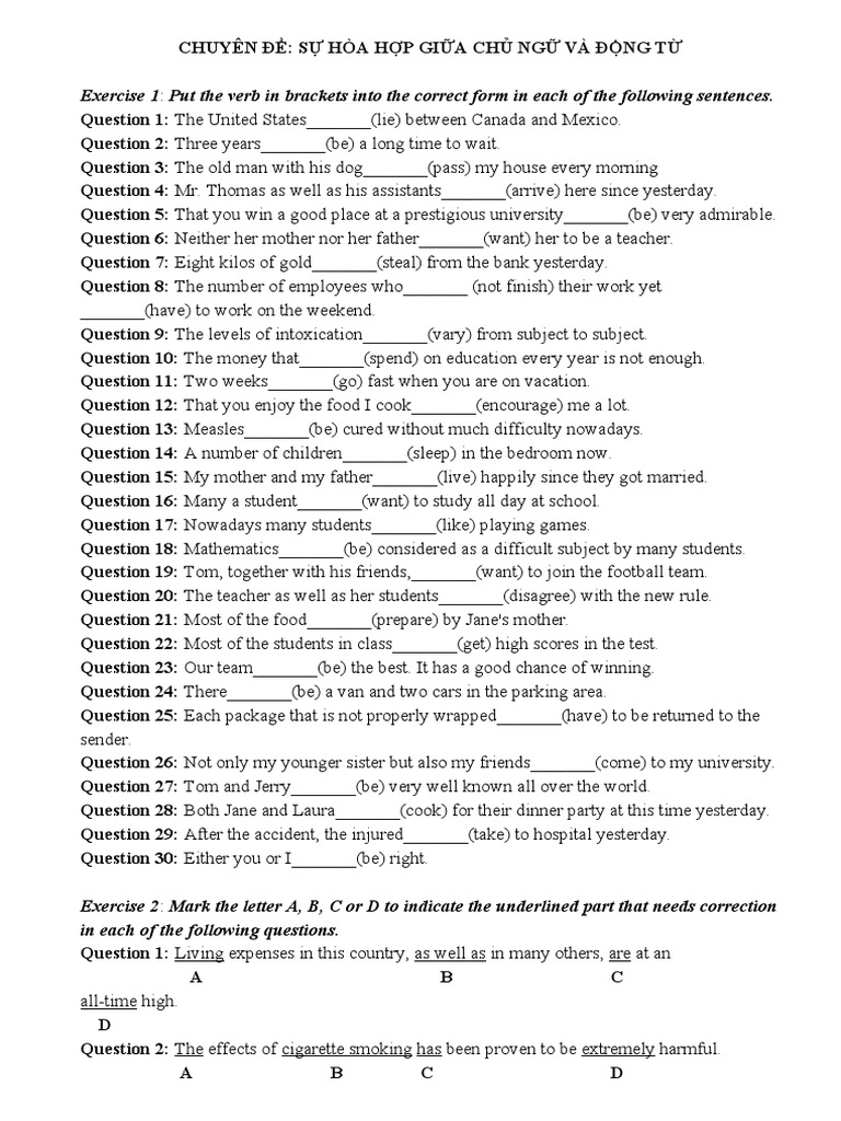 Exercise 1: Put The Verb in Brackets Into The Correct Form in Each of ...