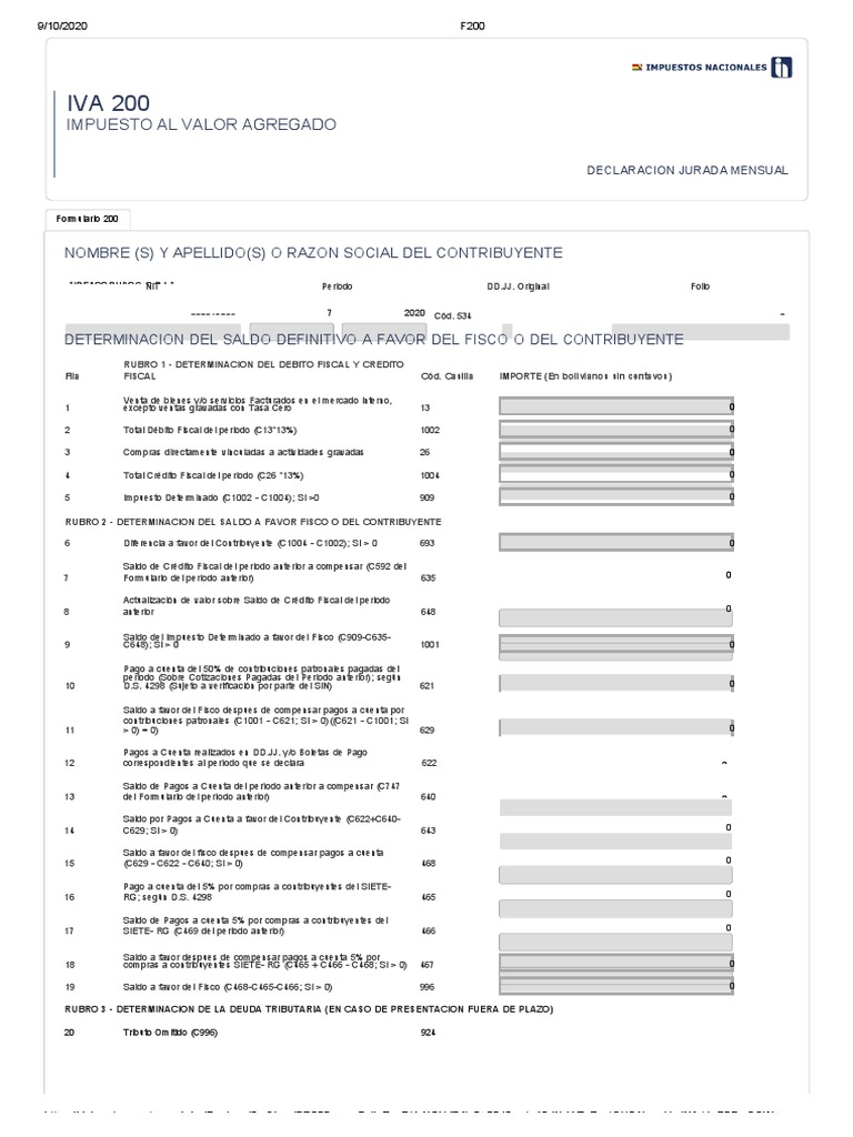 Formulario IVA 200 v3 PDF Resumido | PDF | Impuesto al valor agregado ...
