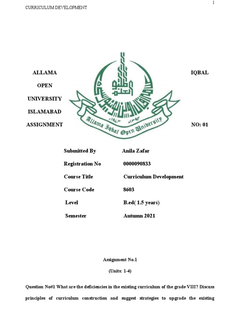 Allama Iqbal Open University Islamabad Assignment NO: 01 | PDF | Curriculum | Learning