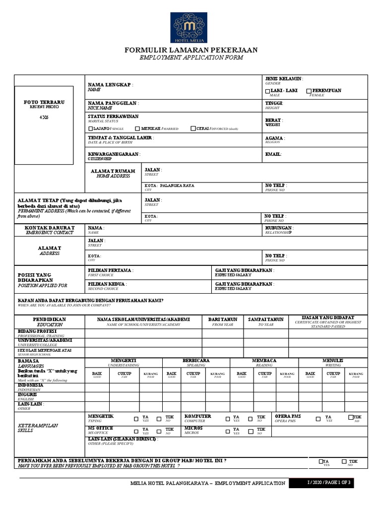 Application - Form Hotel Melia | PDF