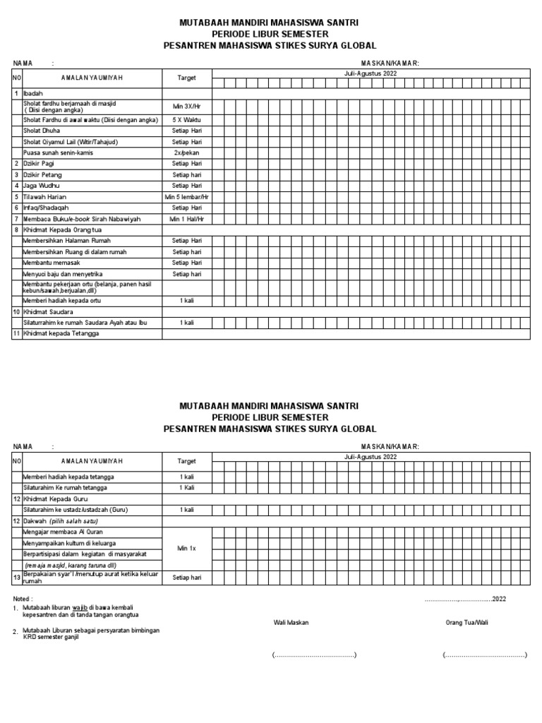 Mutaba'ah Liburan Semester SANTRI | PDF
