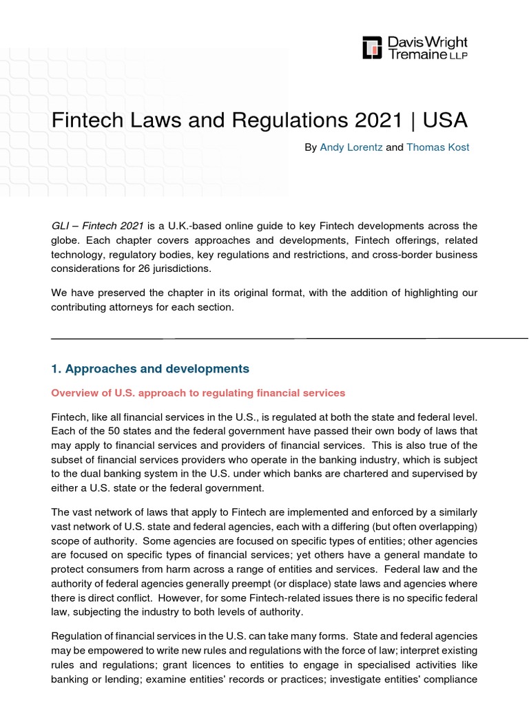 U.S. Fintech Regulation Overview 2021 | PDF | Cryptocurrency | Banks