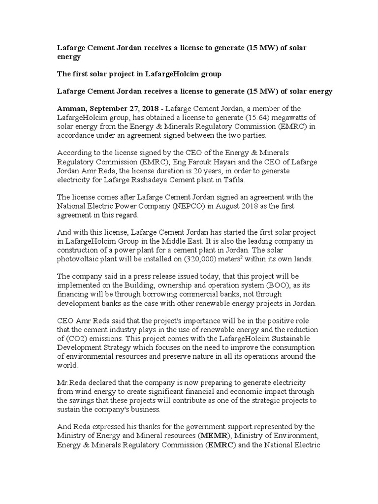 Lafarge Cement Jordan Receives A License To Generate | PDF | Renewable ...