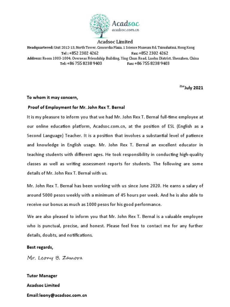 Acadsoc Limited: July 2021 To Whom It May Concern, Proof of Employment ...