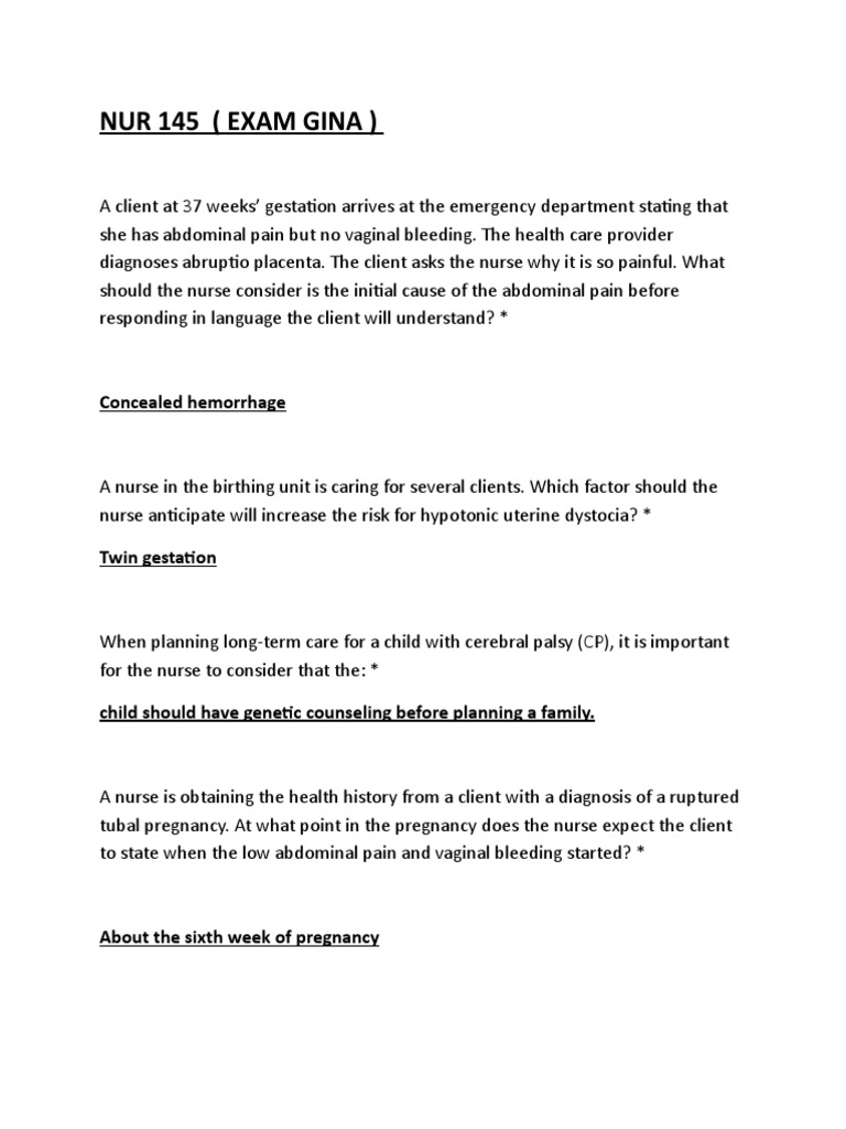 Nur 145 (Exam Gina) : Concealed Hemorrhage | PDF | Childbirth | Pregnancy
