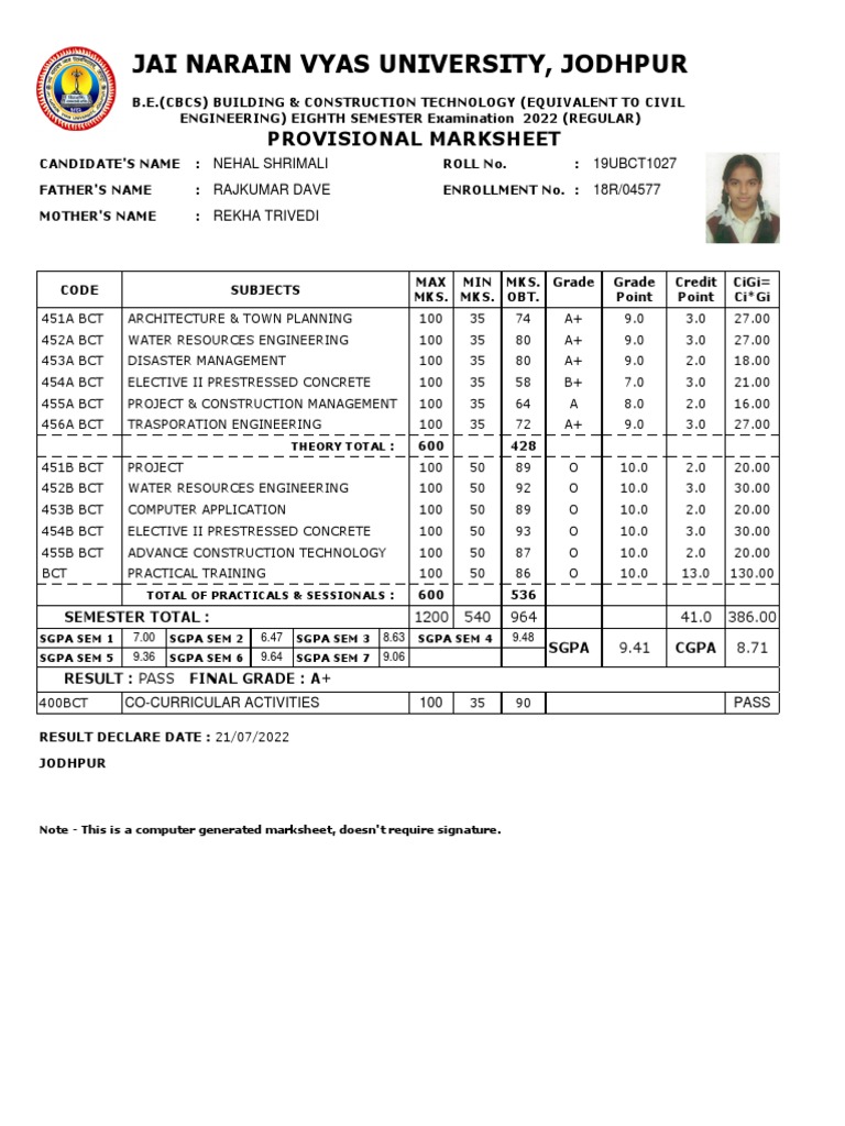 Jai Narain Vyas University, Jodhpur: Provisional Marksheet | PDF