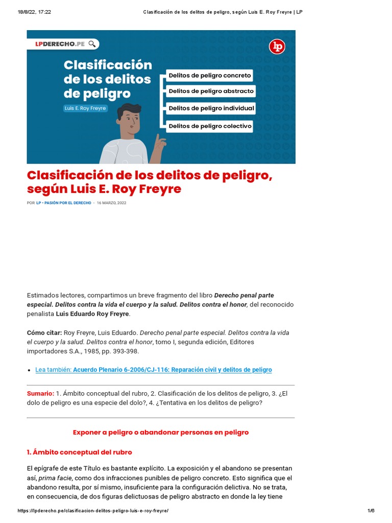 Delitos de Peligro según Roy Freyre | PDF | Intención (Derecho Penal) | Derecho penal