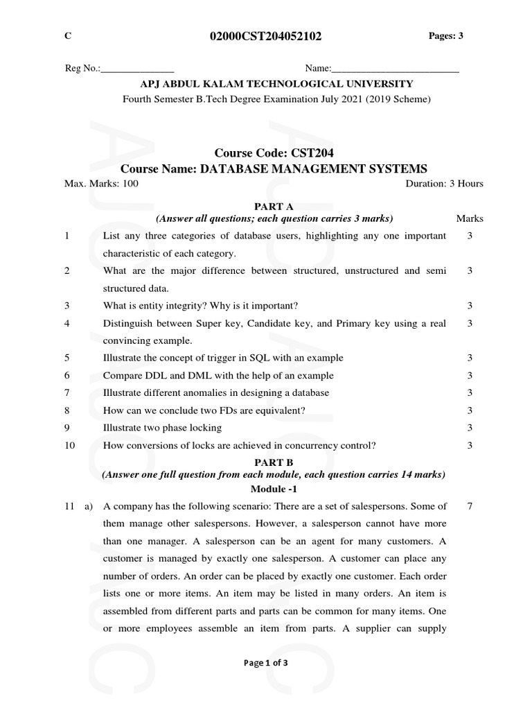 Fourth Semester B.Tech Degree Examination July 2021 (2019 Scheme) | Download Free PDF ...