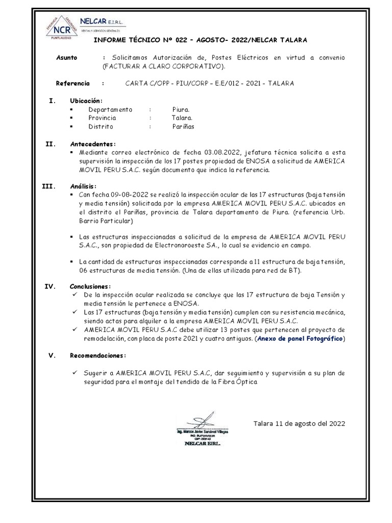 022 - Agos 2022 - Nelcar Informe Inspeccion de Poste Enosa-Solicitud de Alquiler Claro | PDF ...