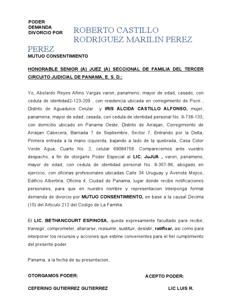 Mutuo Acuerdo Roberto Castillo Rodriguez | PDF | Divorcio | Panamá