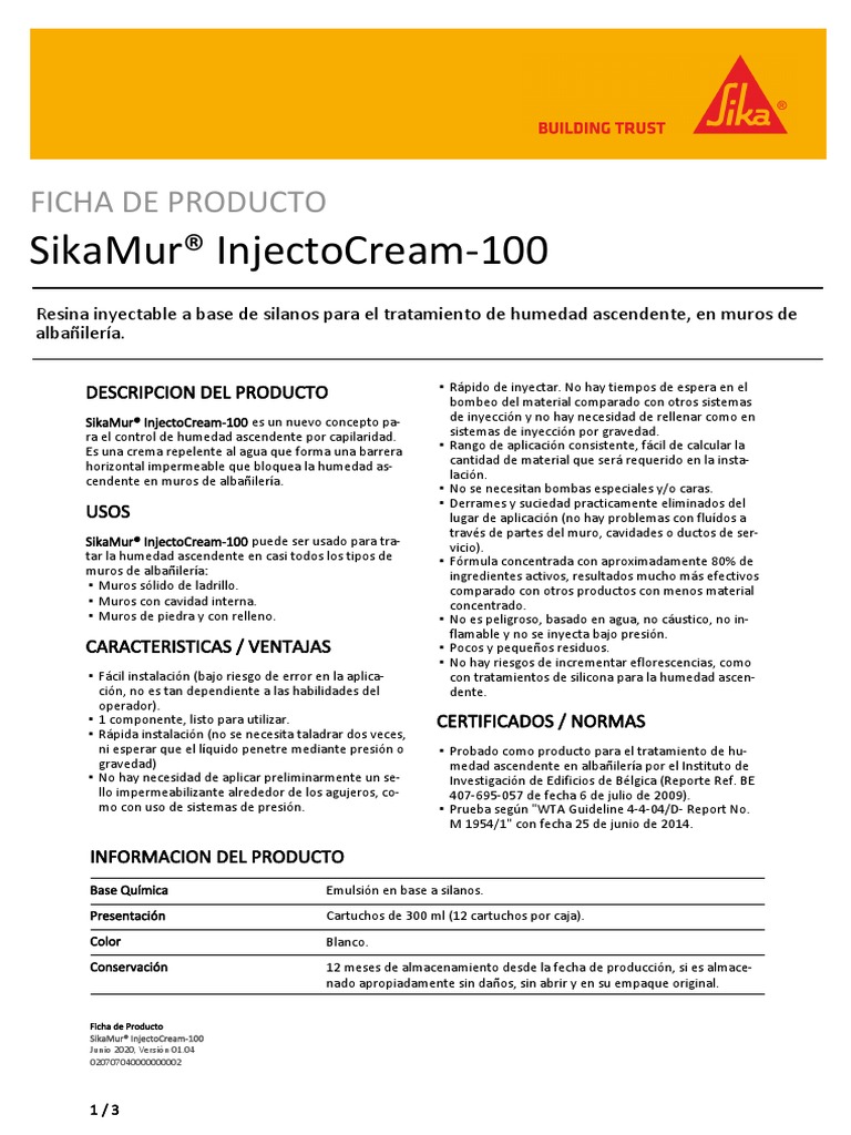 SikaMur® InjectoCream-100: Ficha Técnica | PDF | Perforación | Sectores ...