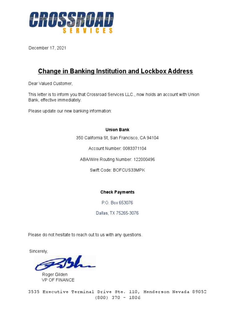 Change in Banking Institution and Lockbox Address: Union Bank | PDF ...