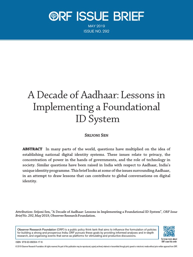 ORF Issue Brief 292 Aadhaar | PDF | Identity Document | Government ORF Issue Brief 292 Aadhaar | PDF | Identity Document | Government