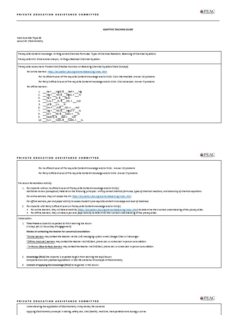 ATG MET 3 LESSON 1 Stoichiometry | PDF | Mole (Unit) | Physical Sciences